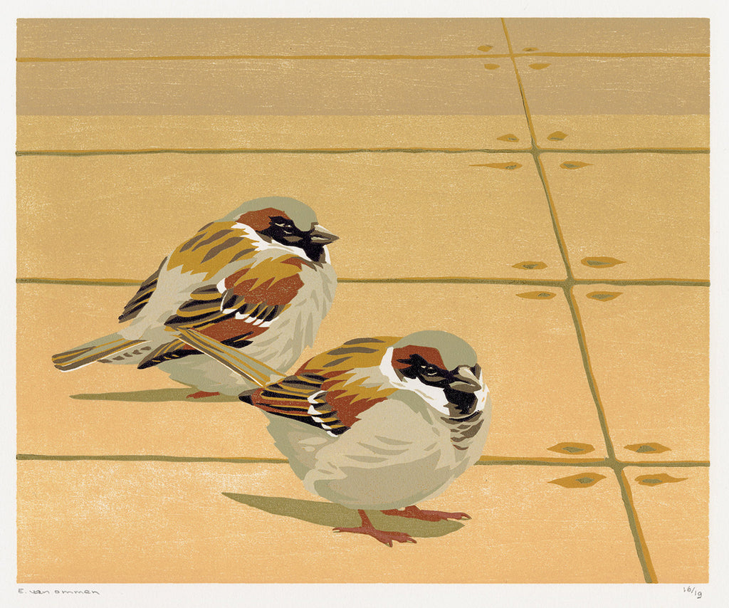 Erik VAN OMMEN - Two Sparrows - Twee mussen - Color woodcut — Mesh Art Gallery