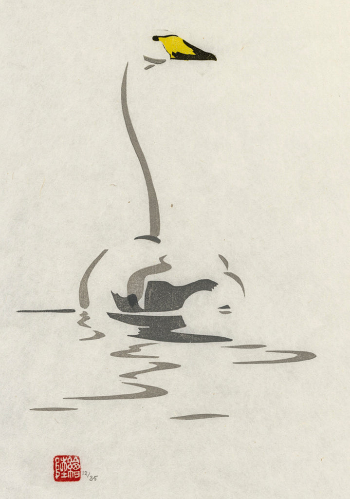 Erik VAN OMMEN - Wild swan- Wilde zwaan - color woodcut reduction ...