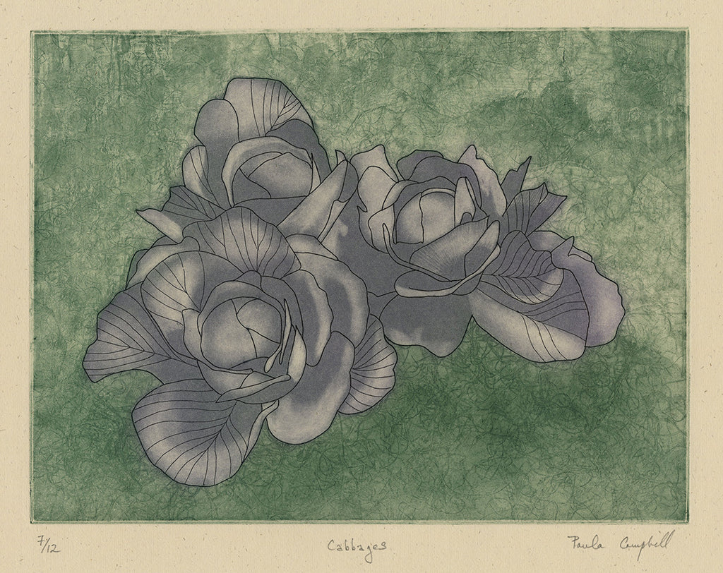 Paula Campbell: Cabbages. color intaglio, cabbages on textured green ...
