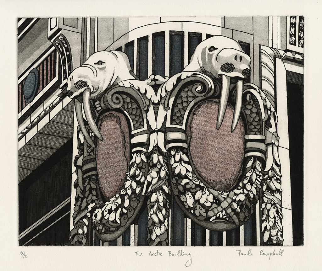 Paula Campbell: The Arctic Building. color intaglio, walrus gargoyle ...