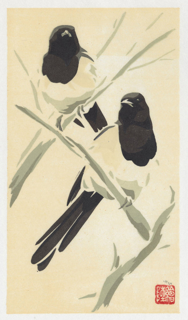 Erik VAN OMMEN - Two Magpies - Twee Eksters - Color woodcut — Mesh Art ...