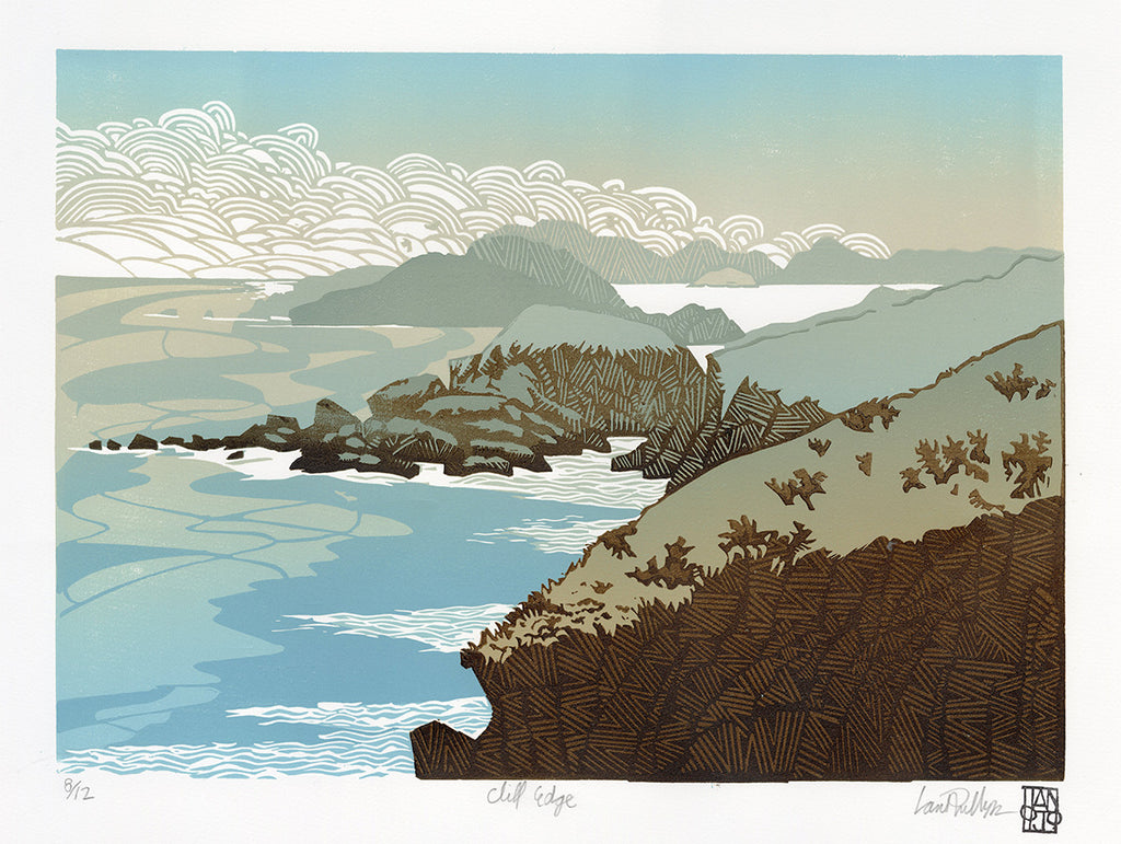 Ian Phillips - Cliff Edge - color linocut reduction - patterned ...