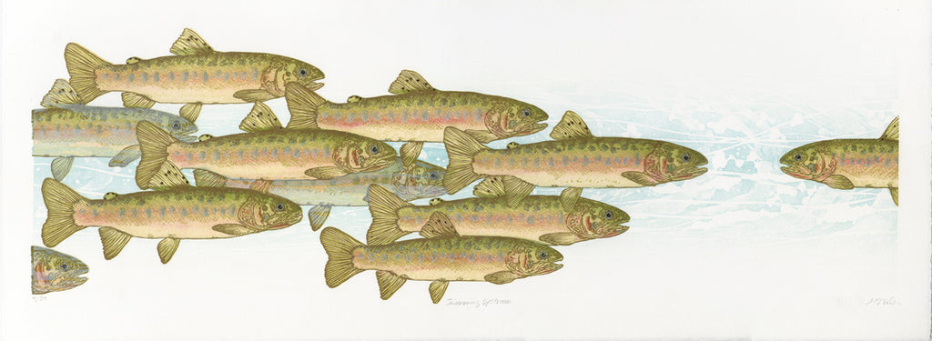 Monique Wales - Swimming Upstream - color linocut reduction — Mesh Art ...