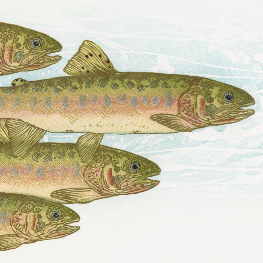 Monique Wales - Swimming Upstream - color linocut reduction — Mesh Art ...